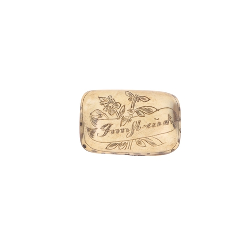 A small bone scrimshaw snuff box decorated with flowers and a motto, 4 ...