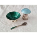 An unusual silver and enamel Danish salt in the form of a mushroom and ...