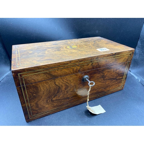 A Victorian rose wood box with brass stringing and bramah lock and key