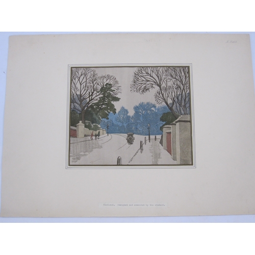 Elizabeth Field Woodcut Harvest scene, signed to the margin in pencil ...