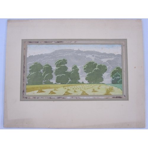 Elizabeth Field Woodcut Harvest scene, signed to the margin in pencil ...