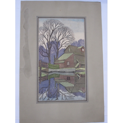 Elizabeth Field Woodcut Harvest scene, signed to the margin in pencil ...