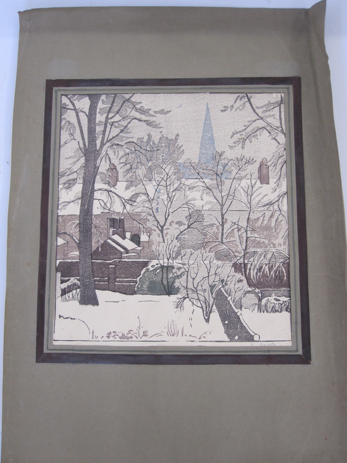 Alice Coates (1905-1978?) Woodcut Winter scene with rooftops and spire ...