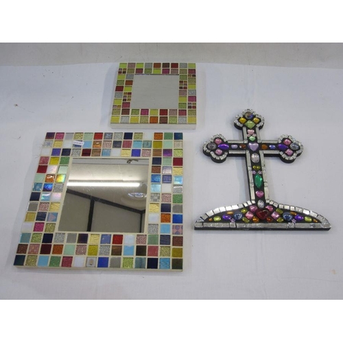 Two modern mosaic mirrors and a crucifix signed 'Joanna Casey 2014 ...