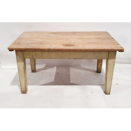 Pine-topped kitchen table on square section supports, 76.5cm x 90cm x 150cm