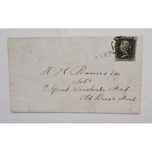 GB stamps: 1841 Penny Black(BE) on cover, 3 margin, guideline top right ...