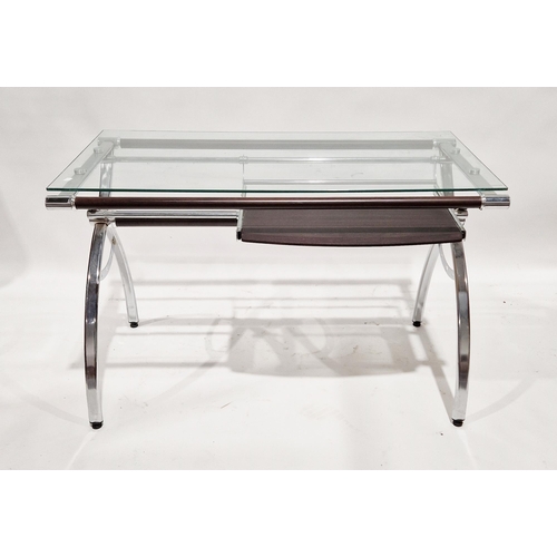Glass-topped chrome X-frame computer table with pull-out shelf, 76cm ...