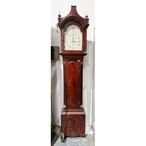 19th century mahogany longcase 8-day clock, the arched hood with brass ...