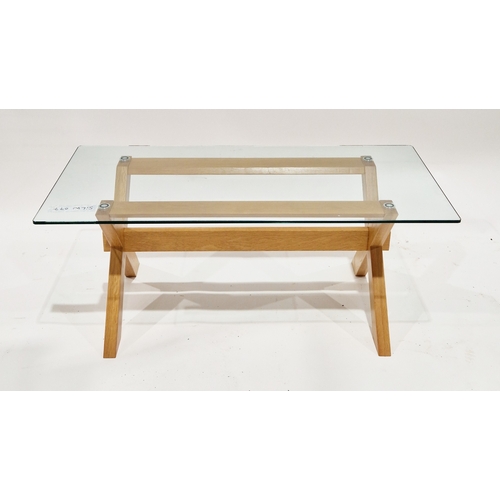 Modern glass-top lamp table on a pale oak X-frame base, 57cm high x 59 ...