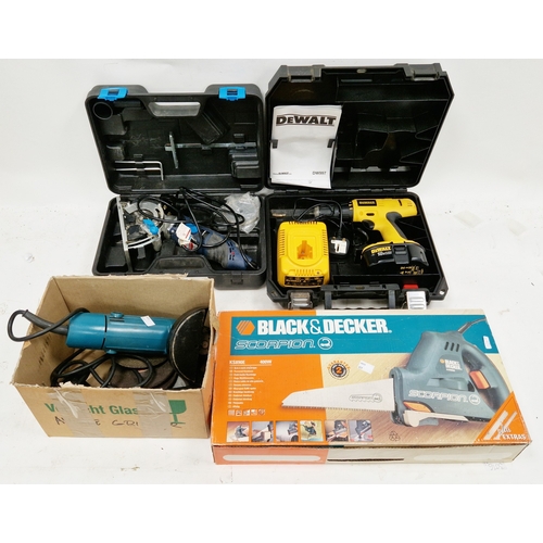 Black and Decker Scorpion powered saw, a Makita angle grinder, a DeWalt ...