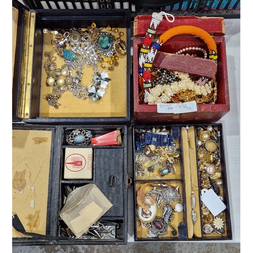 Three leather boxes and contents of costume jewellery including ...