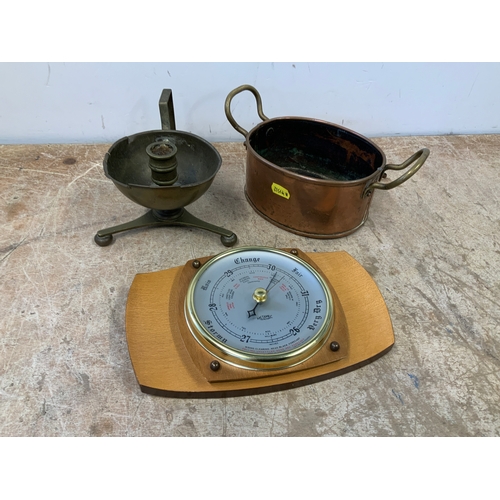 Barometer, Copper Pot and Candlestick