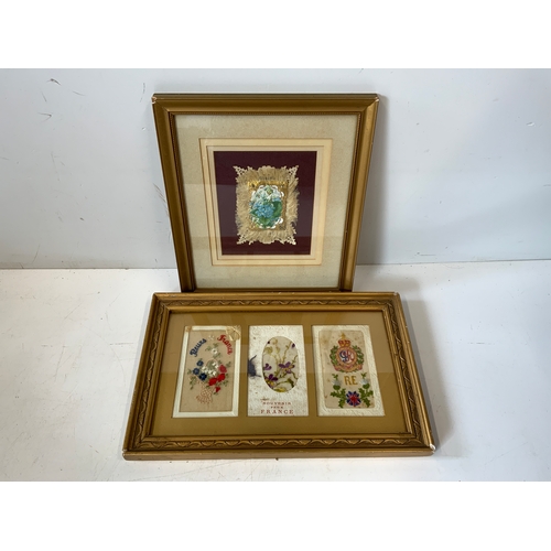 Framed 3x Silk WWI Antique Postcards and Framed 1875 Valentine Card