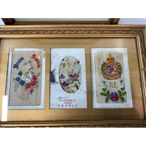 Framed 3x Silk WWI Antique Postcards and Framed 1875 Valentine Card