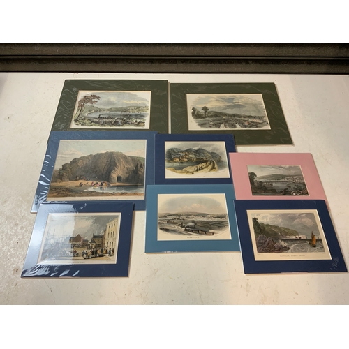 8x Mounted Hand Coloured Prints of North Devon Towns 1830 to 1870