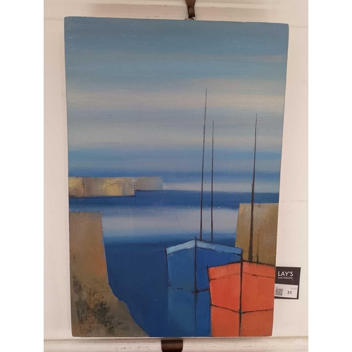 Michael J PRAED (1941) Red & Blue Bows, Pink + Blue Sky Oil on board ...