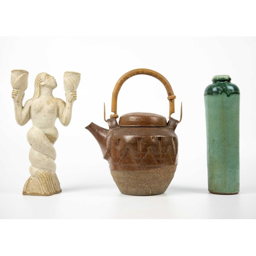 Humfrey Wakefield, Isles of Scilly Pottery. A green-glaze vase and two ...