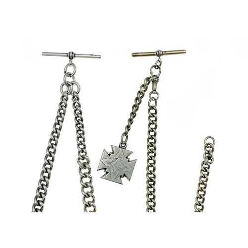 Two silver Albert pocket watch chains. One is a heavy double graduated ...
