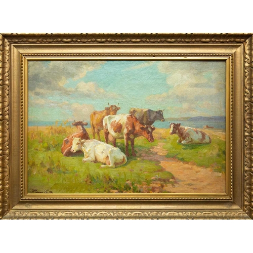 William Evans LINTON (1878-c.1956) Pastures by the Sea Oil on canvas ...