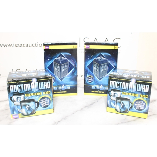 Two Boxed Doctor Who Tardis Money Boxes & Two Boxed Doctor Who Mugs