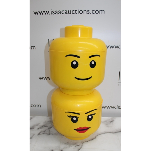 2 x Large Stacking Lego Storage Heads Containing A Quantity Of Lego