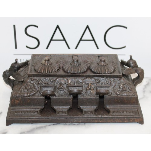 Late 19th Century Cast Iron Inkwell With 3 Pots Length 22.5cm