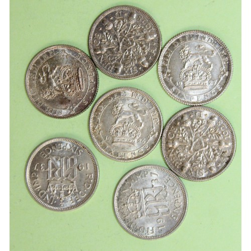 Seven Silver Sixpence Coins Various Dates