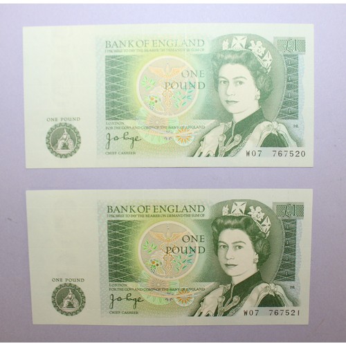 Two Consecutive Cashier Page One Pound Notes