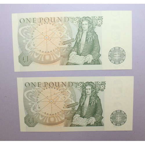 Two Consecutive Cashier Page One Pound Notes