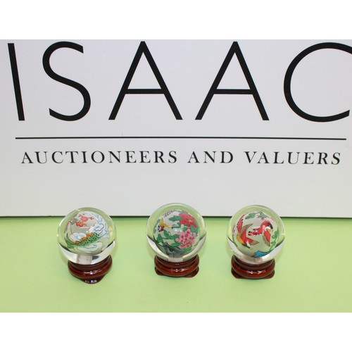 3 x Chinese Reverse Hand Painted Small Paperweights With Mini Stands
