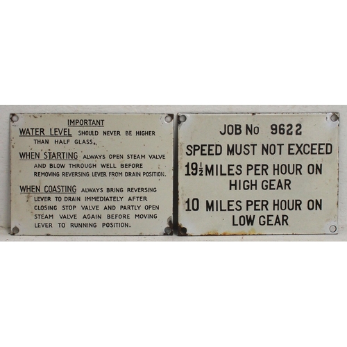 Two enamel instructional notices referencing steam drain valves & speed ...