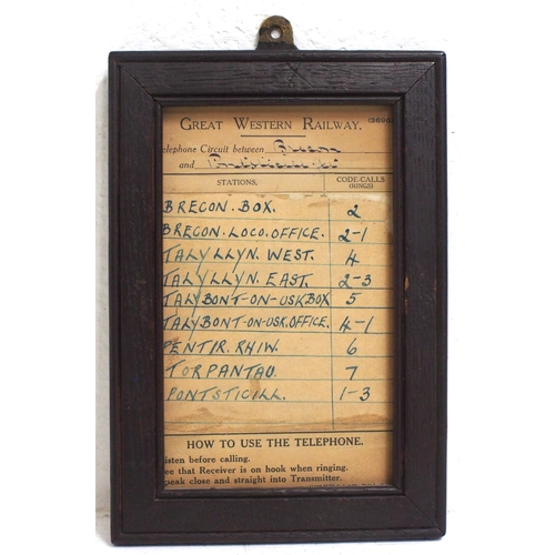 629 - GWR telephone circuit card in original branded frame
