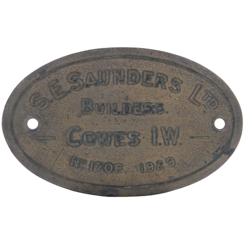 Brass ship builders plate "S.E. SAUNDERS LTD BUILDERS COWES IW No 1706 ...