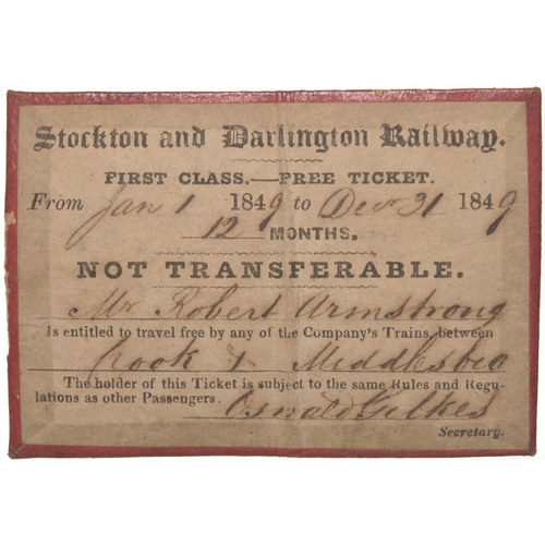 1368 - Stockton and Darlington Railway First Class pass 1849 for Mr ...