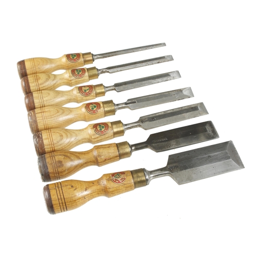 A set of 7 little used bevel edge chisels by MARPLES with ash handles ...