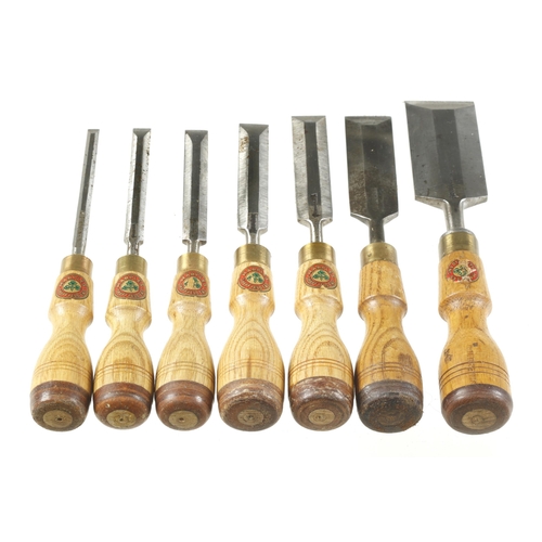 A set of 7 little used bevel edge chisels by MARPLES with ash handles ...