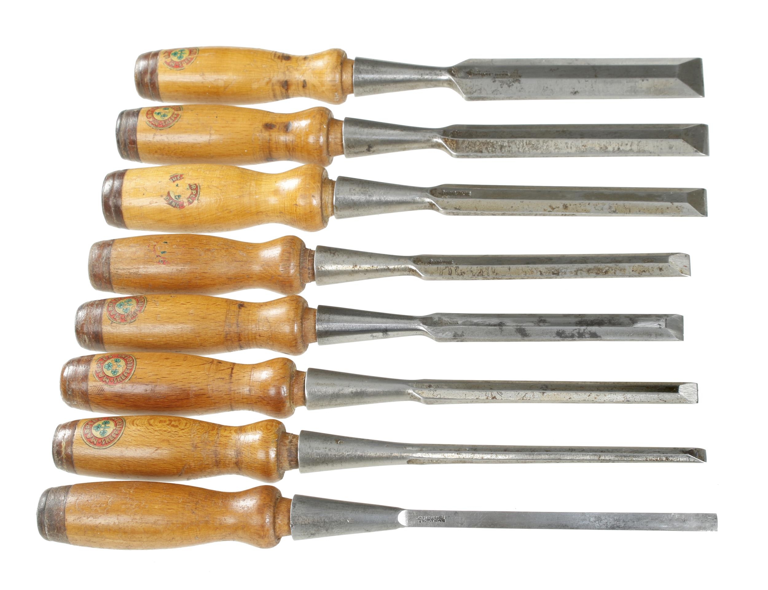 Eight bevel edge chisels by MARPLES 1/4" to 1" with beech handles