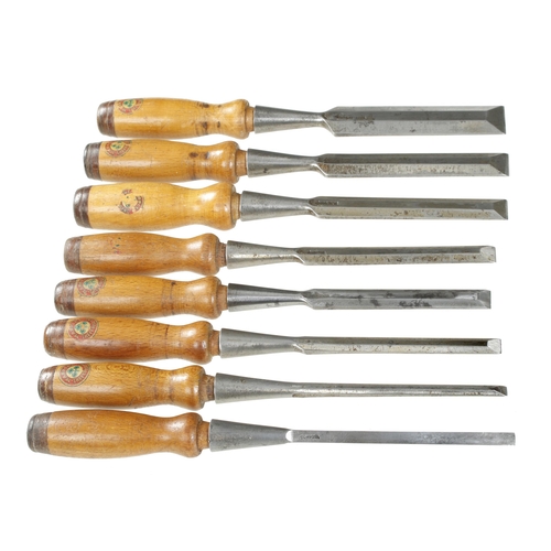 Eight bevel edge chisels by MARPLES 1/4" to 1" with beech handles