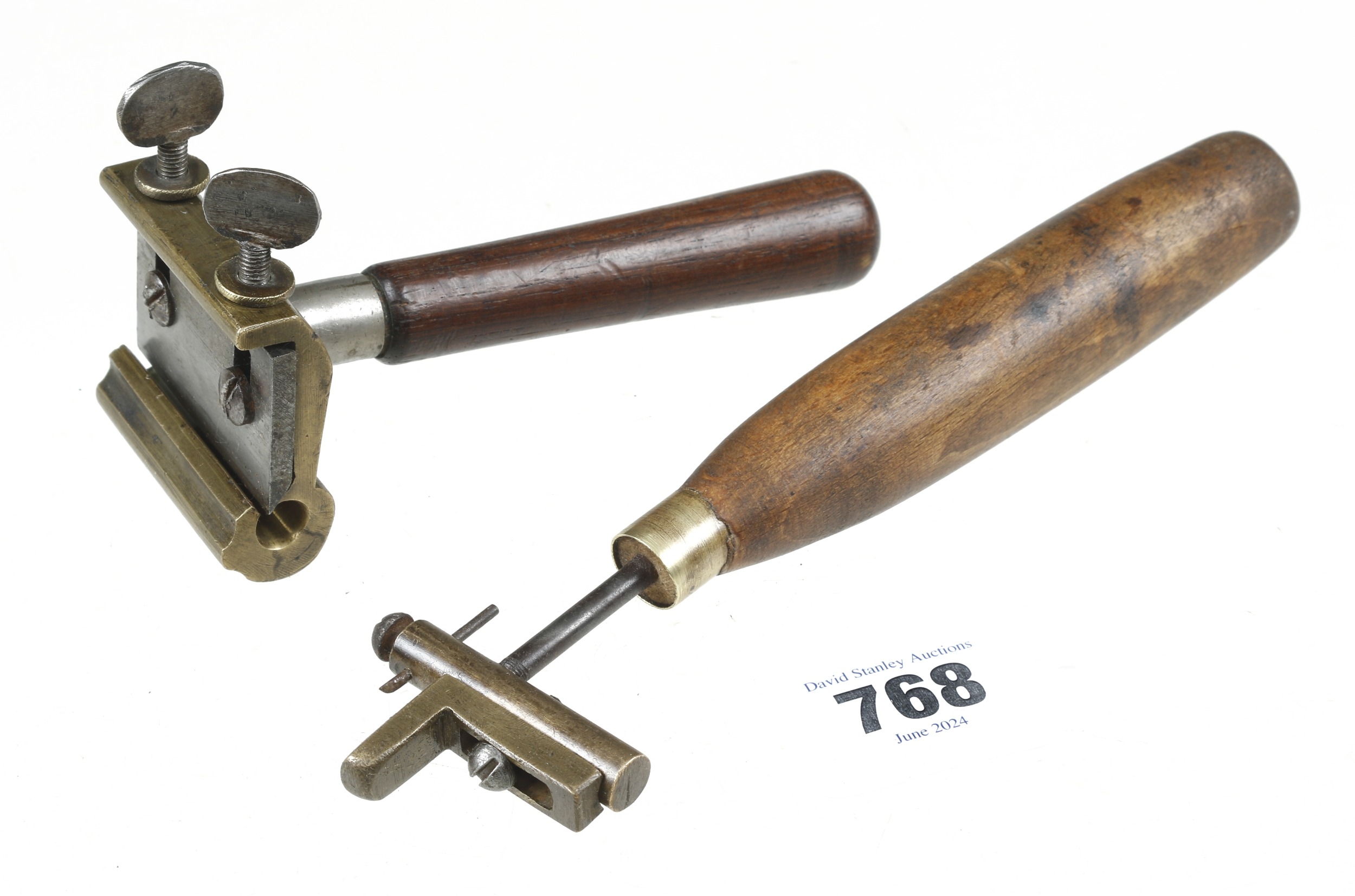 A luthier's violin peg cutter with rosewood handle and a rabbeting gauge G+