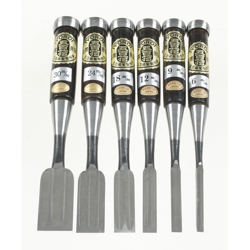 An unused set of 6 IYOROI Japanese chisels with ebony handles F