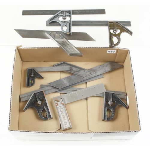 Three engineer's squares by RABONE, 3 bevels by STANLEY etc G+
