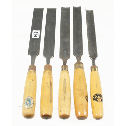 Five paring chisels and gouges by MARPLES etc 1" to 1 1/4" with boxwood ...