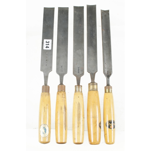 Five paring chisels and gouges by MARPLES etc 1" to 1 1/4" with boxwood ...