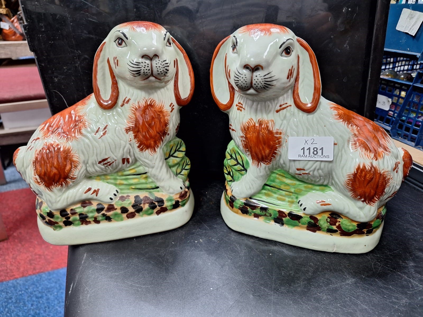 Super Rare Staffordshire Pair of Flat Back Rabbits