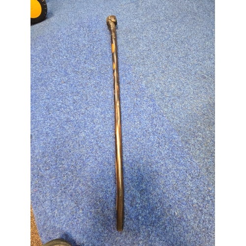 A Vintage Folk Art Carved Wooden Walking Stick with Stylized Human Head ...