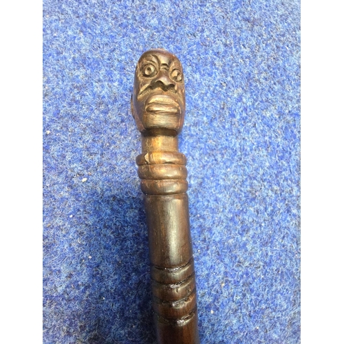 A Vintage Folk Art Carved Wooden Walking Stick with Stylized Human Head ...