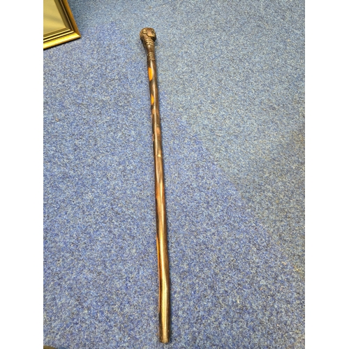 A Vintage Folk Art Carved Wooden Walking Stick with Stylized Human Head ...