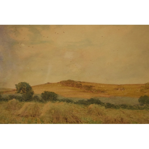 Joseph Kirkpatrick: watercolour landscape scene with corn stooks ...