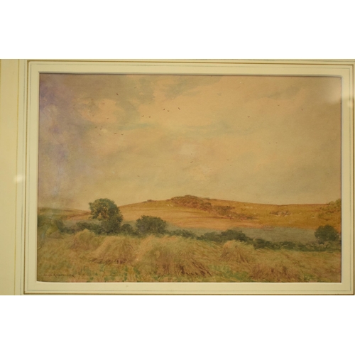 Joseph Kirkpatrick: watercolour landscape scene with corn stooks ...