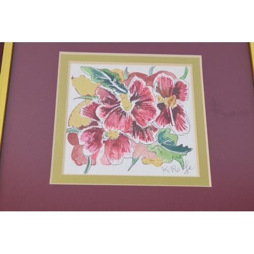Rolfe, Katherine. Four signed watercolours of flowers. 8.5cm x 8.5cm.